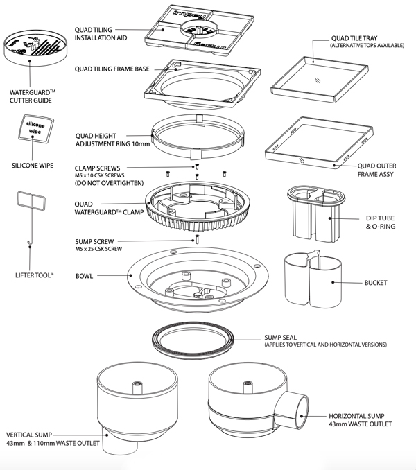 Vertical Wet Floor Gravity Drain with 14mm tile insert
